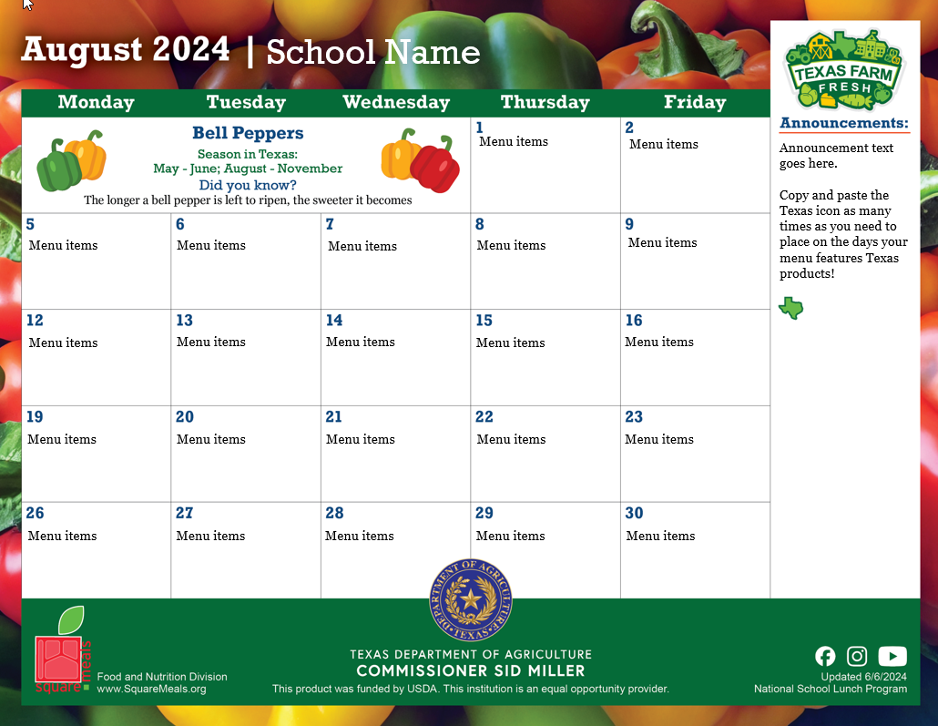 Menu Calendar Templates